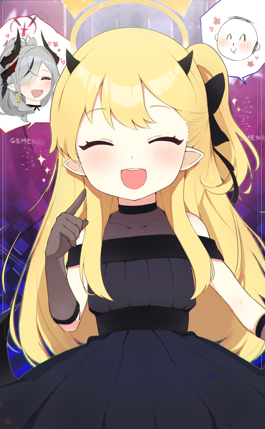 Safebooru - 1boy 2girls absurdres black dress black gloves black horns blonde hair blue archive ...