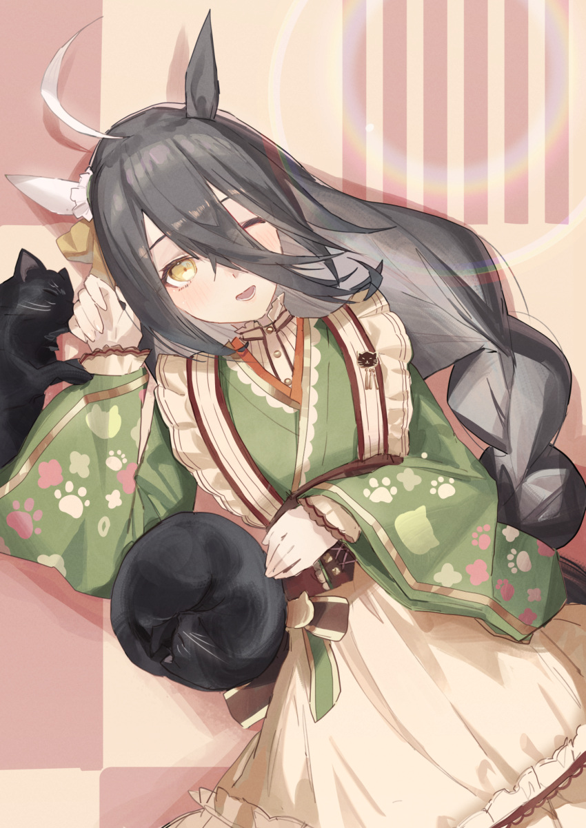 Safebooru - 1girl ahoge amano kokoko animal ears apron black cat black hair cat dress ear covers ...