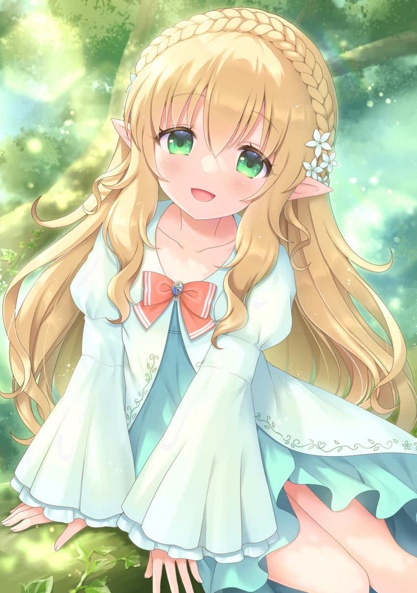 Safebooru - 1girl absurdres blonde hair blue dress blush bow commission dress green eyes highres ...