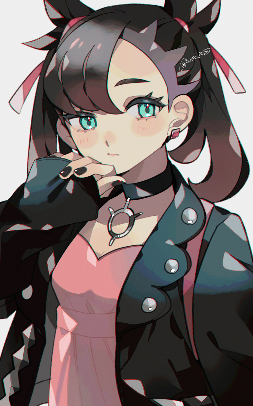 Safebooru - 1girl asymmetrical bangs black choker black hair black jacket blush choker closed ...