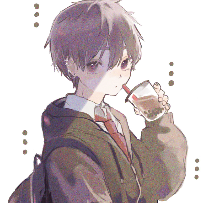 Safebooru - 1boy backpack bag black hair bubble tea collared shirt cup ...