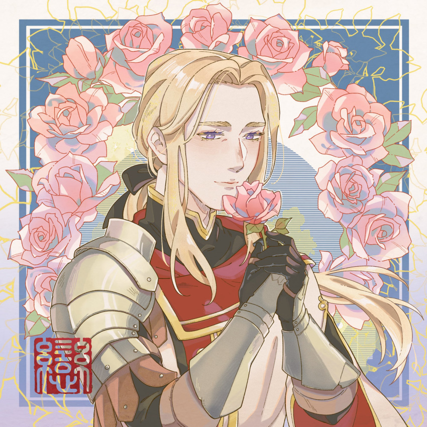 Safebooru - 1boy armor blonde hair blue background border closed mouth ...