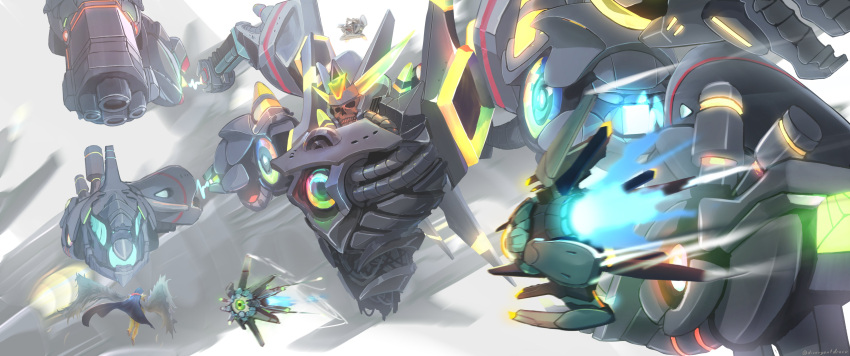 Safebooru - 1boy 1other absurdres aiming artificial eye blue cape cable ...