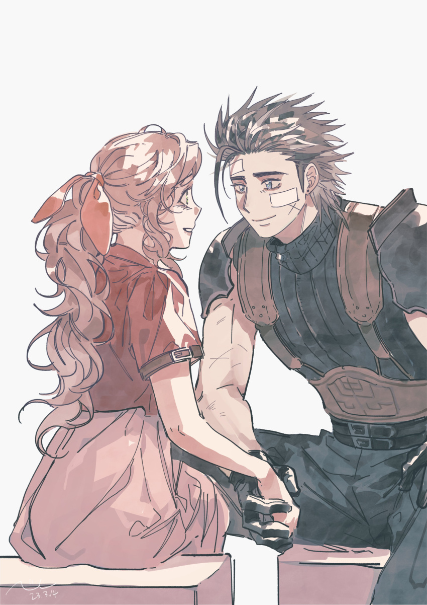 Safebooru - 1boy 1girl absurdres aerith gainsborough armor bandaged head bandages belt black ...