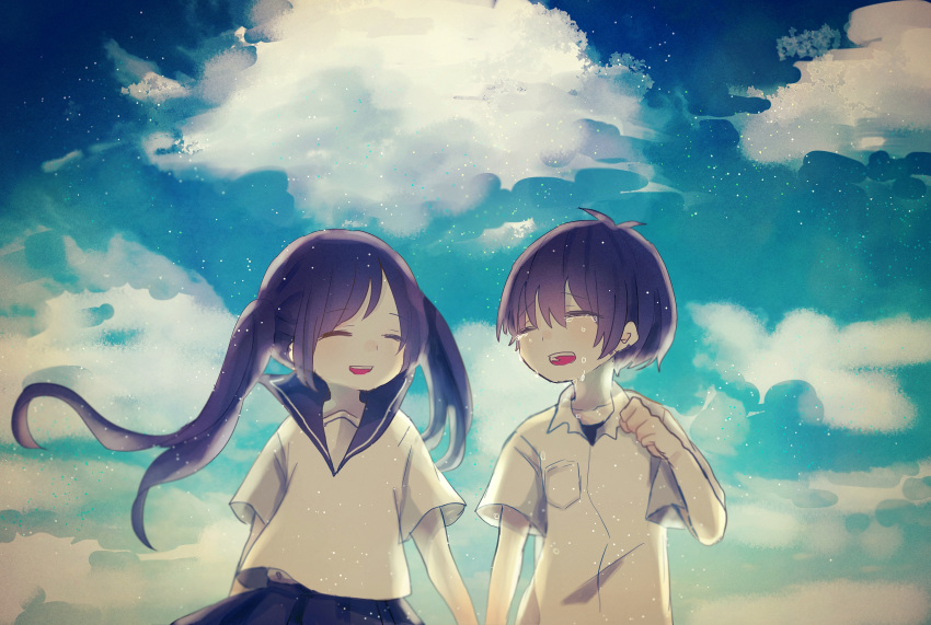 Safebooru - 1boy 1girl black hair blue sky closed eyes clouds highres holding hands mikagamimei ...