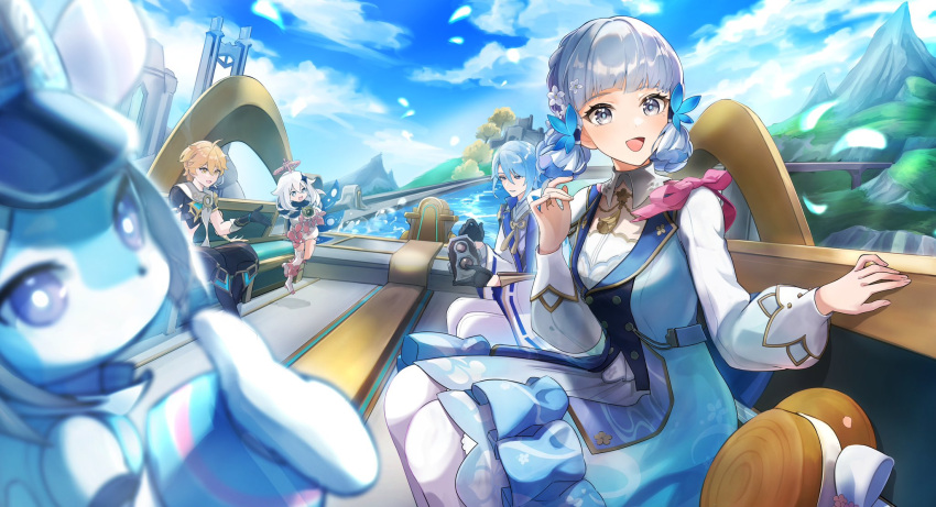 Safebooru - 2boys 2girls aether (genshin impact) blonde hair blue dress blue hair butterfly hair ...