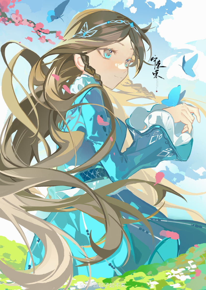Safebooru - 1girl absurdres artist request blue dress blue eyes braid branch brown hair bug ...