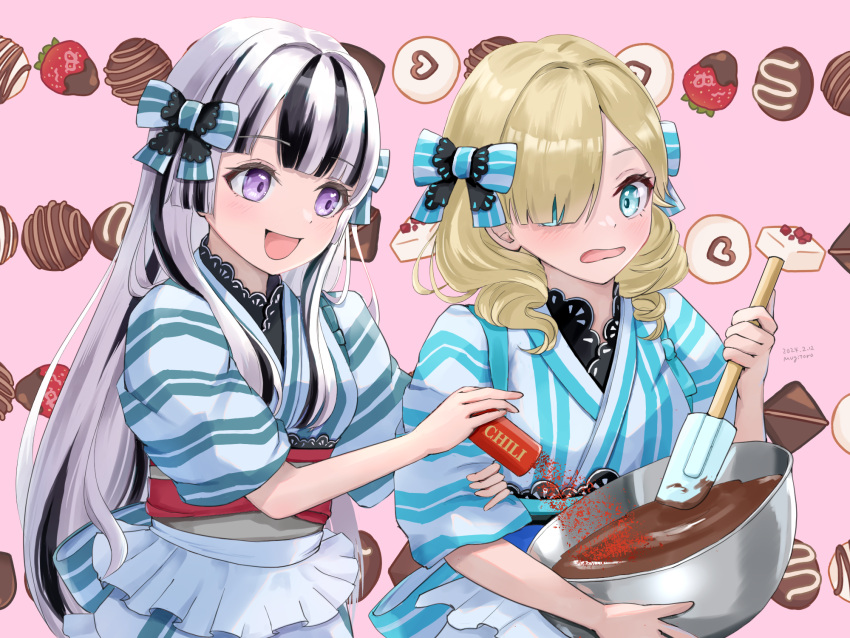 Safebooru - black hair blonde hair blunt bangs chocolate cooking fire ...