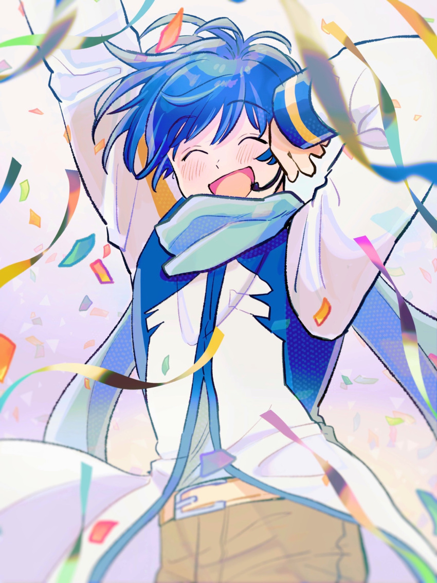 Safebooru - 1boy anniversary arm up belt blue hair blue scarf blush ...