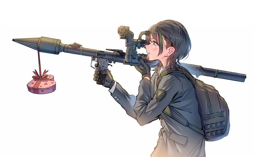 Safebooru - 1girl aiming backpack bag black gloves black hair black ...