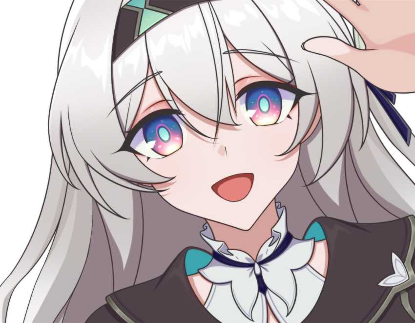 Safebooru - 1girl :d black hairband black jacket blue eyes blue pupils close-up collared shirt ...