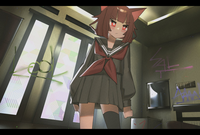 Safebooru - 1girl animal ears asymmetrical legwear black serafuku black skirt black thighhighs ...