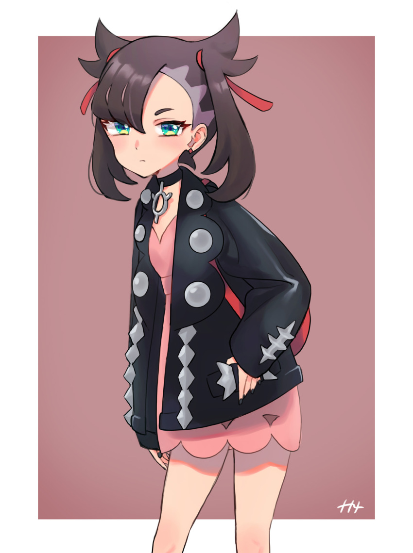 Safebooru - 1girl asymmetrical bangs backpack bag black hair blush choker dress earrings frown ...