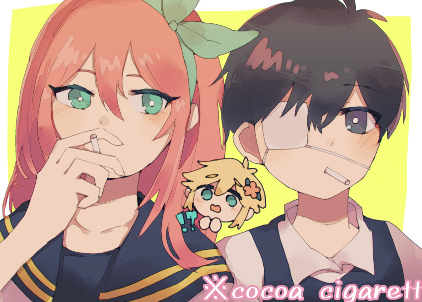 Safebooru - !? 1girl 2boys antenna hair aqua eyes aubrey (faraway) (omori) aubrey (omori) basil ...
