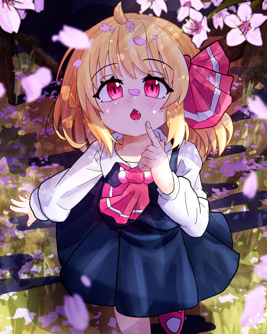 Safebooru - 1girl ahoge ascot black vest blonde hair blush cherry blossoms commentary english ...