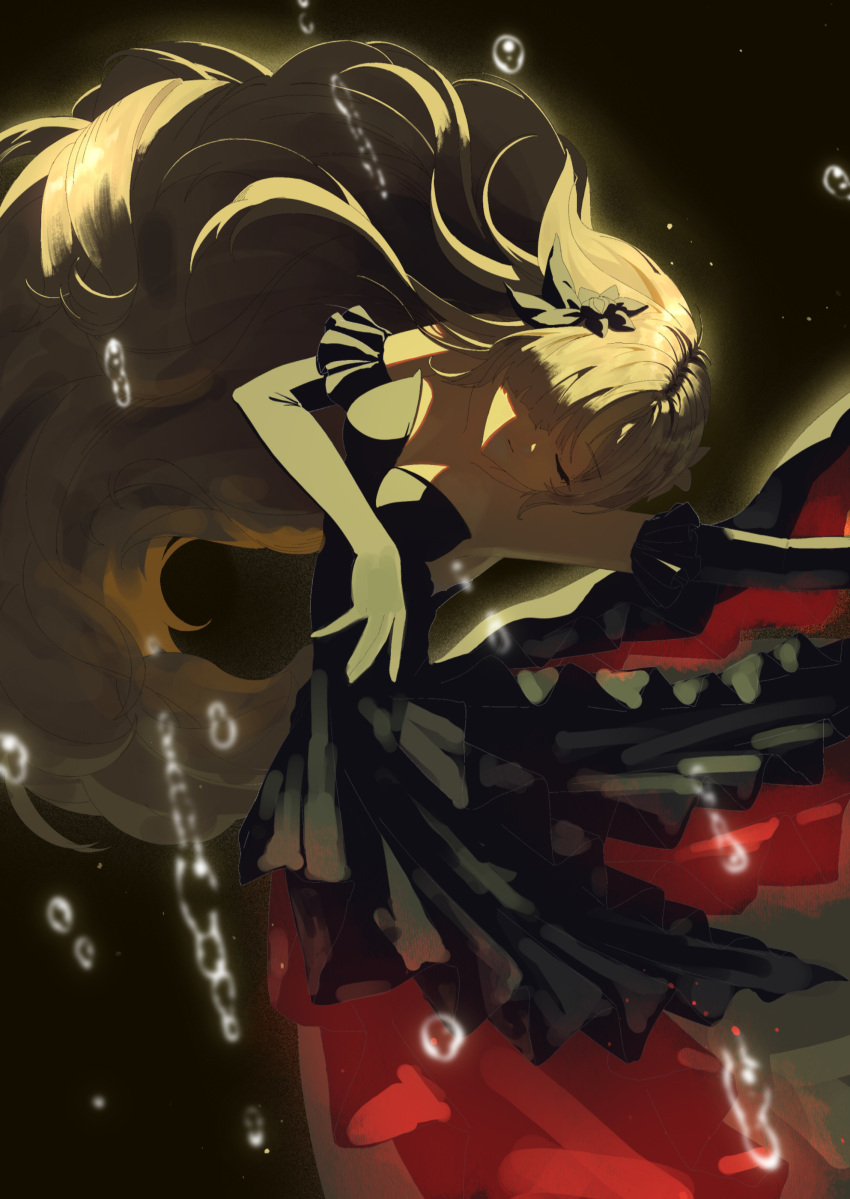 Safebooru - 1girl absurdres black background black dress black flower black gloves blonde hair ...