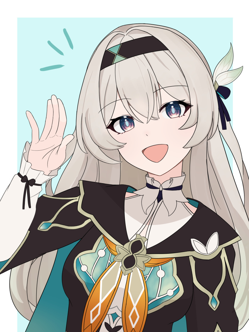 Safebooru - 1girl :d absurdres bamanul black hairband black jacket blue background blue eyes ...