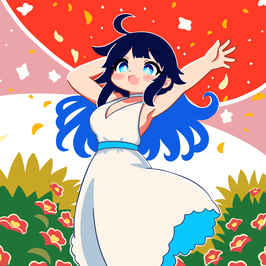 Safebooru - 1girl :d absurdres arms up blue eyes blue hair blush stickers changkiwi dress flower ...
