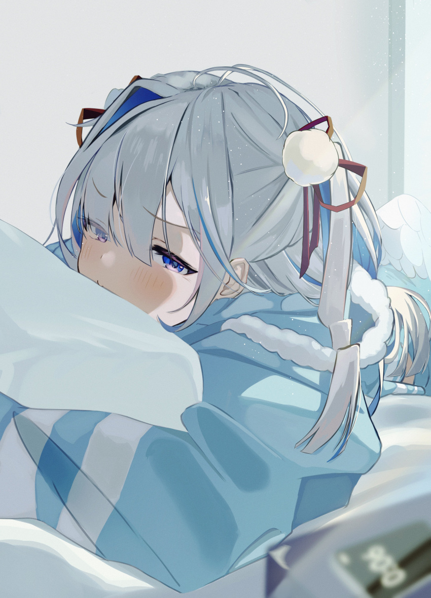 Safebooru - 1girl absurdres amane kanata angel wings blue hair blush colored inner hair grey ...