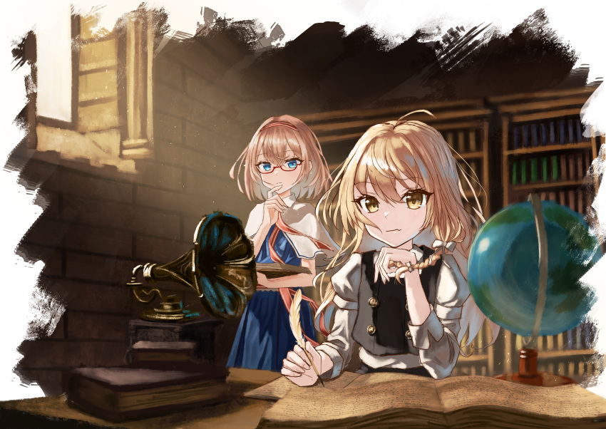 Safebooru - 2girls alice margatroid black vest blonde hair blue dress blue eyes book bookshelf ...