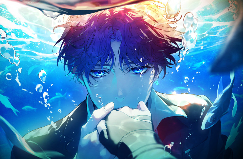 Safebooru - 1boy blue eyes bubble collared shirt disembodied limb fish ...