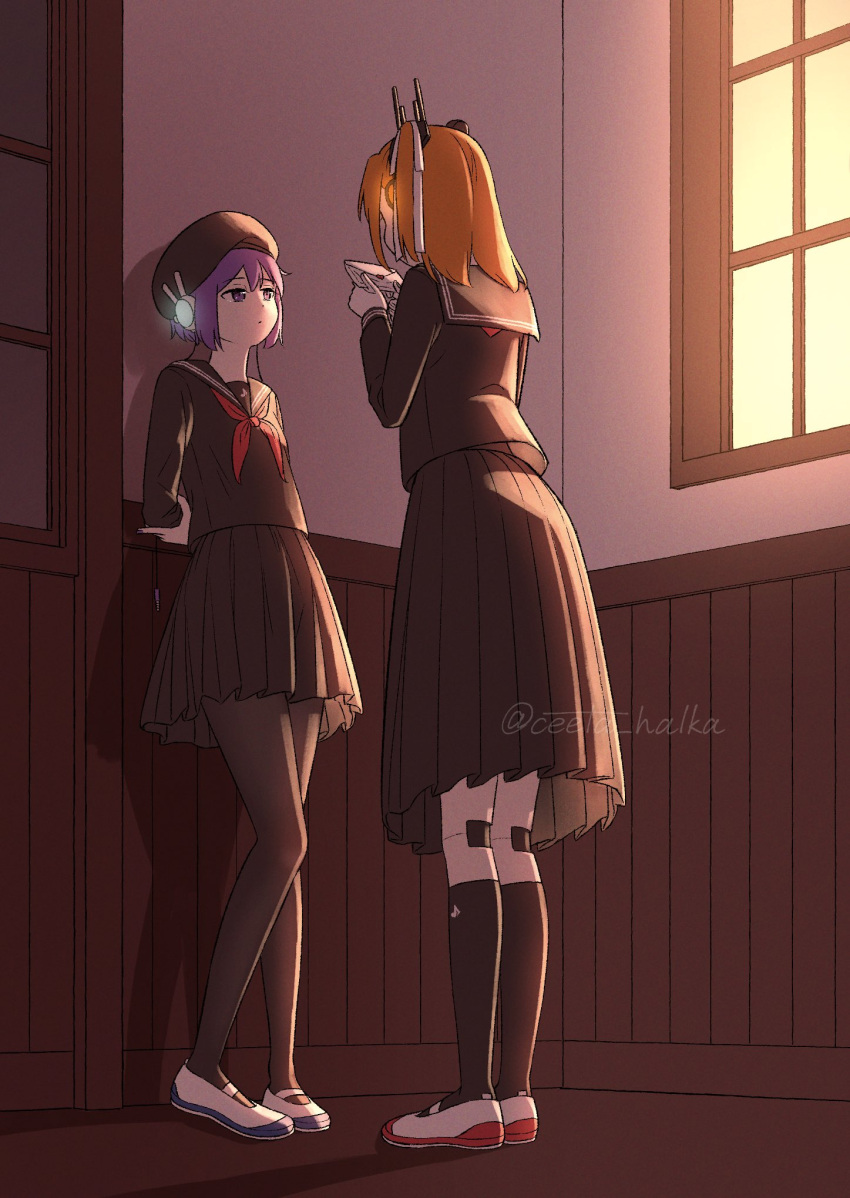 Safebooru - 2girls a.i. voice adachi rei against wall alternate costume android arms behind back ...