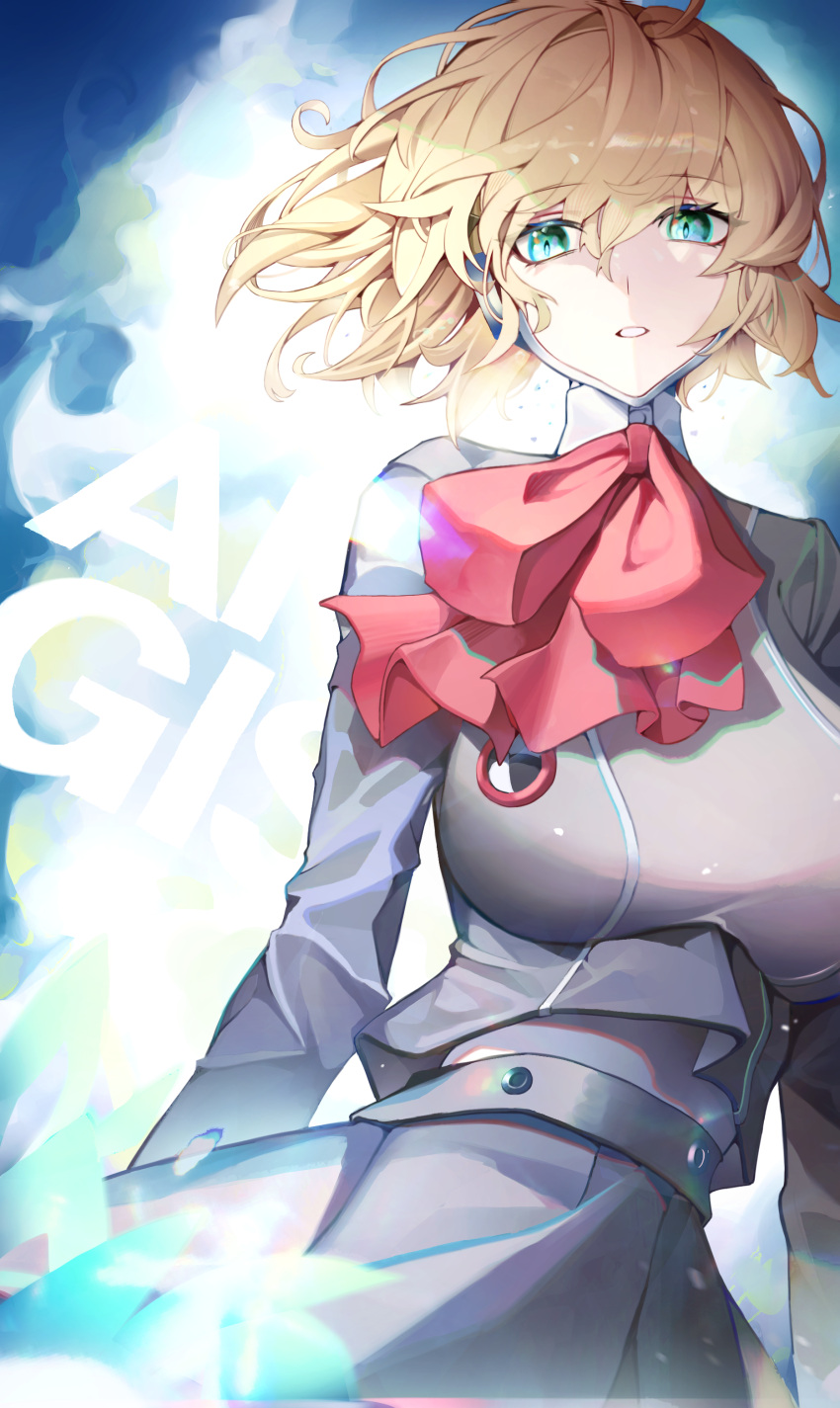 Safebooru - 1girl absurdres aegis (persona) amir0 android blonde hair blue eyes blue sky bow ...