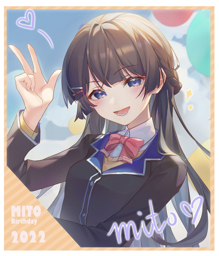 Safebooru - 1girl 2022 balloon black hair blazer blue eyes blush bow bowtie braid collared shirt ...