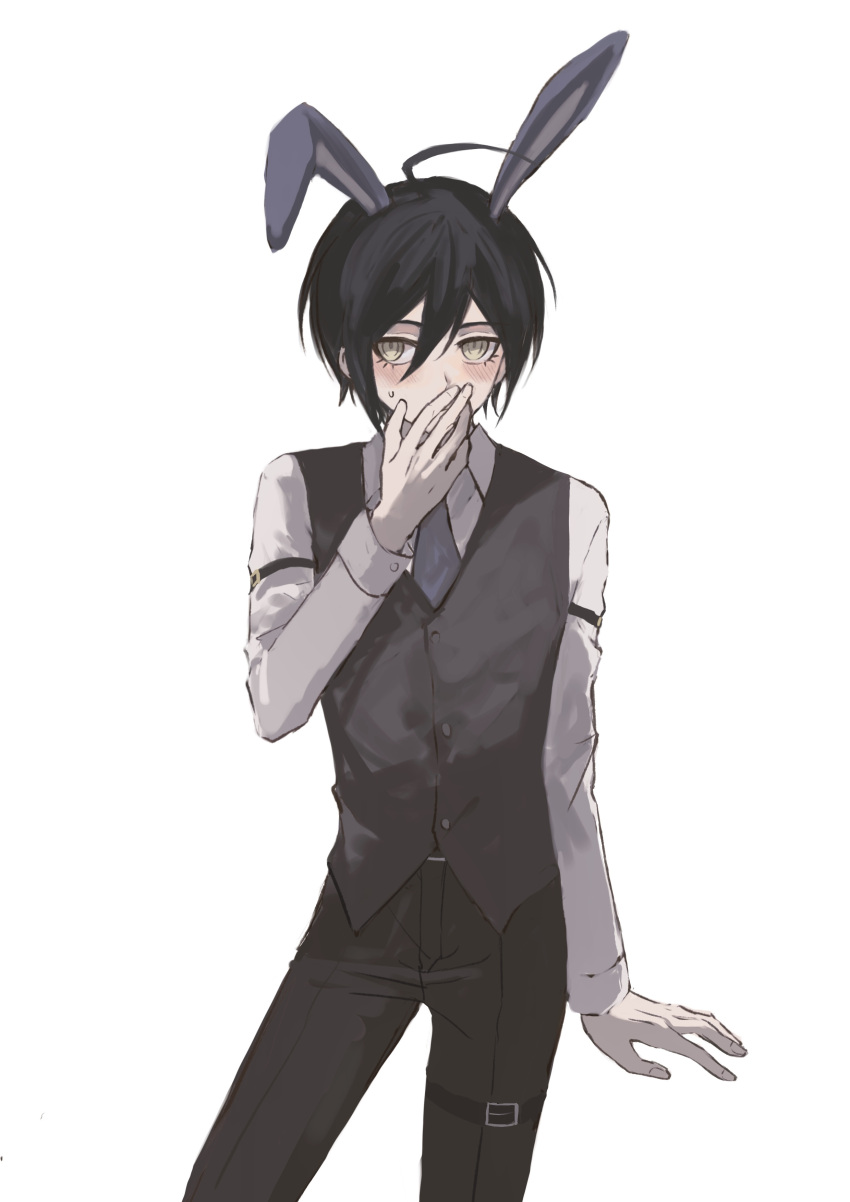 Safebooru - 1boy absurdres ahoge alternate costume animal ears black pants black vest blush ...