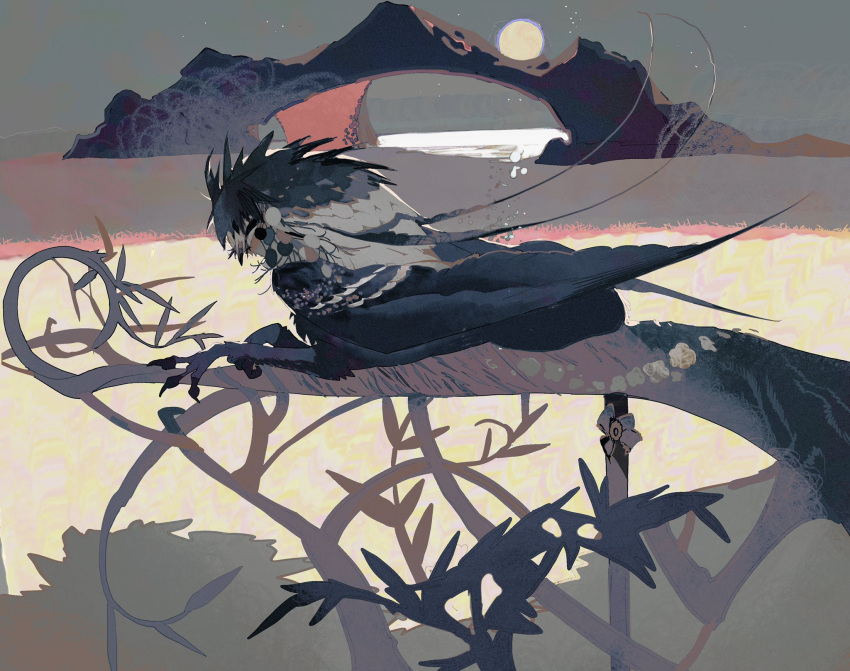 Safebooru - animal animal focus beak black feathers black wings branch ...