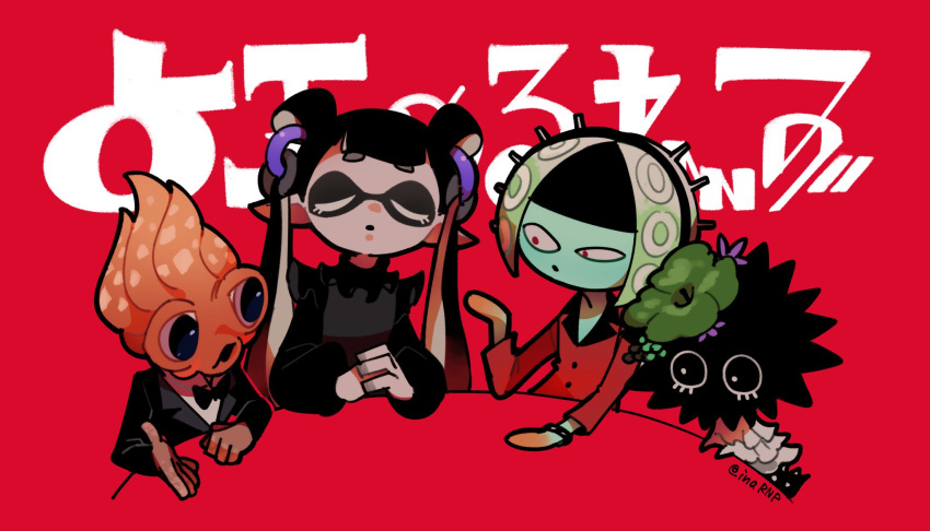 Safebooru - 1boy 3girls aachin (splatoon) black bow black bowtie black ...