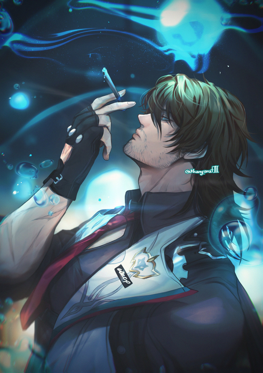 Safebooru - 1boy absurdres beard stubble black gloves black shirt brown hair facial hair ...