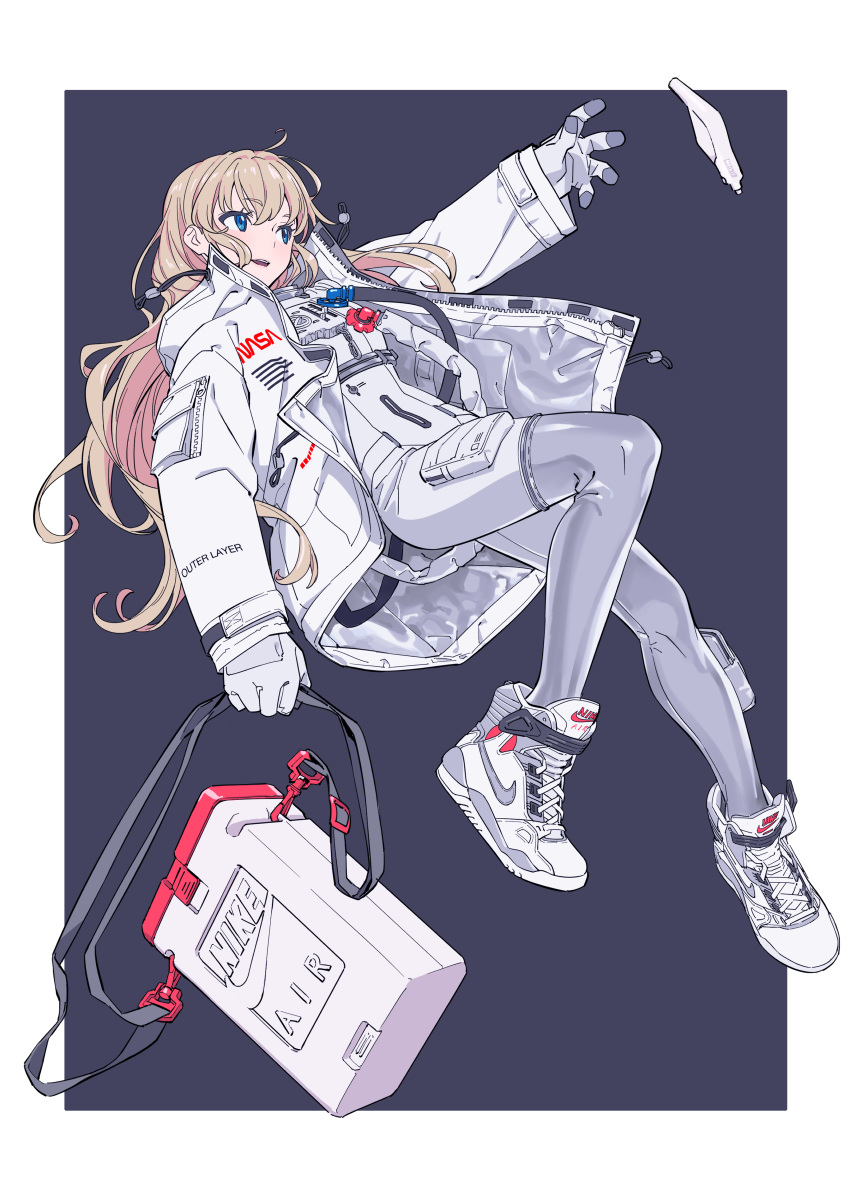 Safebooru - 1girl absurdres blonde hair blue eyes gloves highres jacket long hair nasa logo nike ...