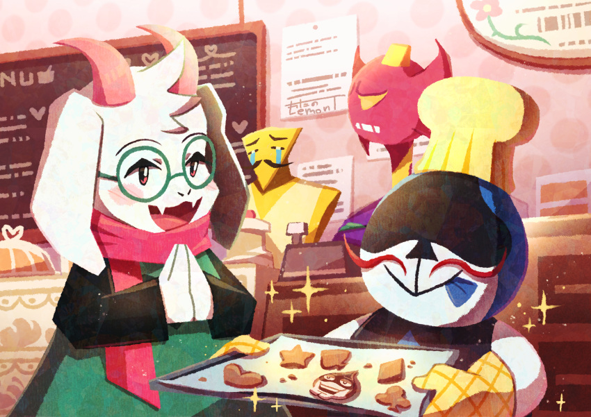 Safebooru - 2boys 2others :> :d :p absurdres animal ears bakery blue ...