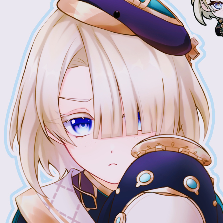 Safebooru - >:( 1boy beret black gloves black headwear blonde hair blue ...