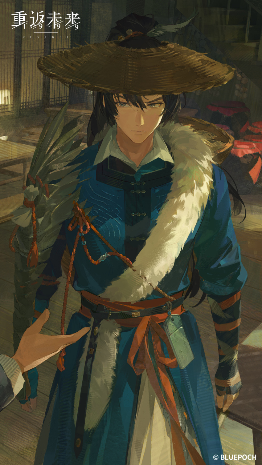 Safebooru - 1other absurdres arm armor black hair blue eyes blue robe ...