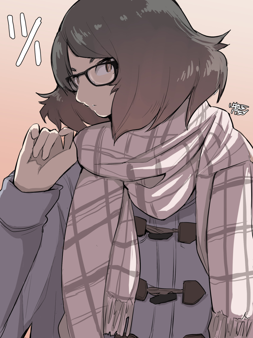 Safebooru - 1girl black-framed eyewear bob cut coat dated glasses gradient background grey coat ...