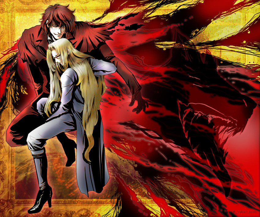 Safebooru - 1boy 1girl alucard (hellsing) blonde hair boots cape coat commentary request ...