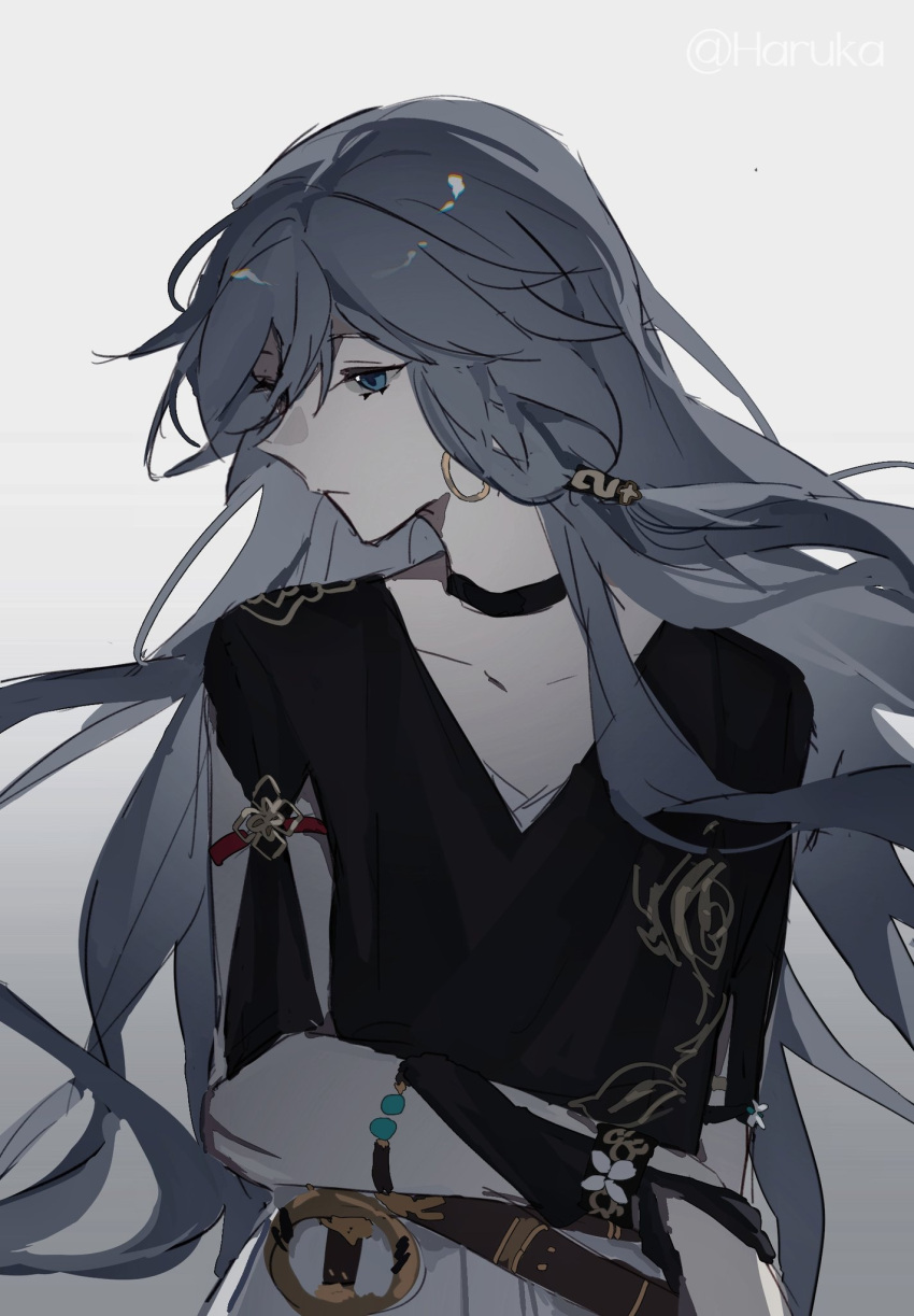 Safebooru - 1girl belt black choker black shirt blue eyes blue hair brown belt chinese clothes ...