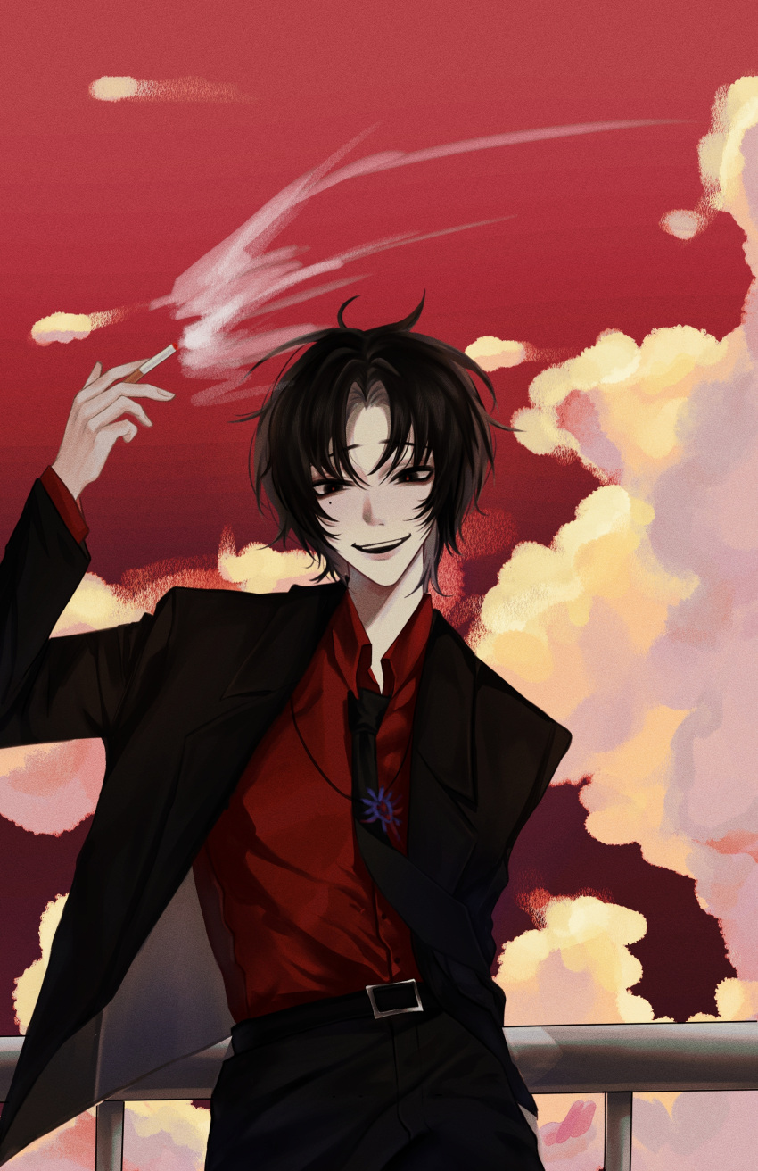 Safebooru - 1boy absurdres arm up belt black belt black hair black jacket black necktie black ...