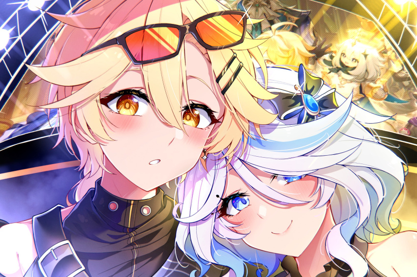 Safebooru - 1boy 1girl :o aether (genshin impact) alternate costume black ribbon blonde hair ...