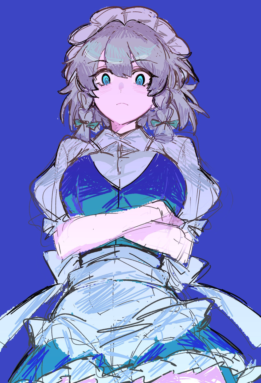 Safebooru - 1girl apron arms under breasts blue background blue eyes braid breasts closed mouth ...