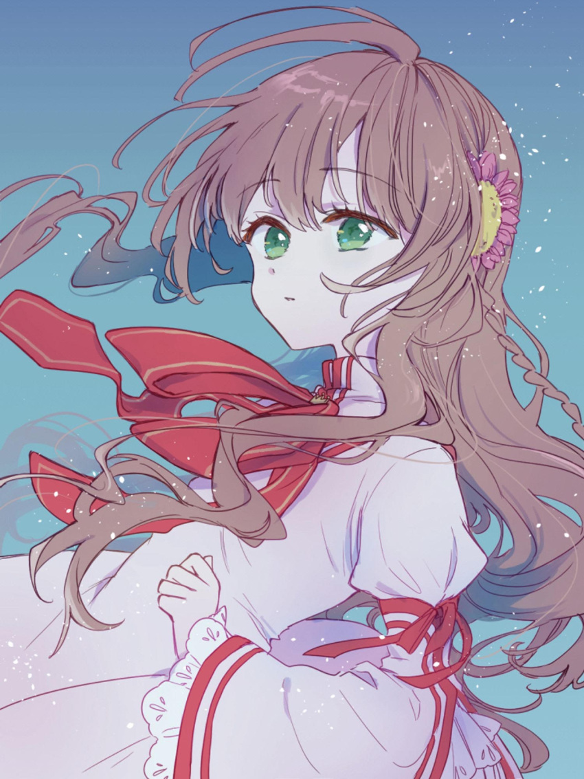 Safebooru - 1girl ahoge blue background brown hair chogi clenched hand ...