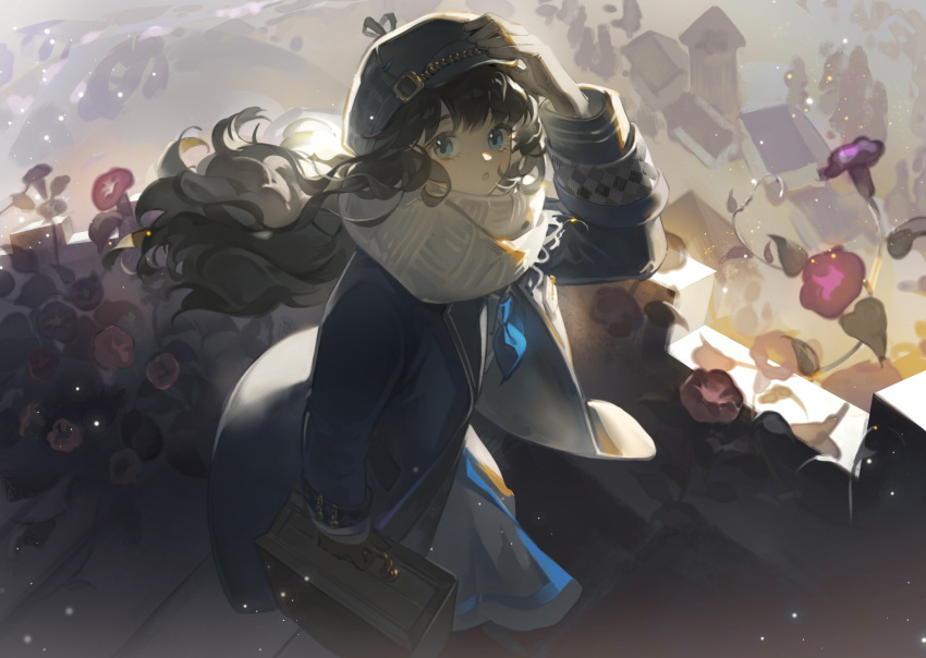 Safebooru - 1girl :o absurdres adjusting clothes adjusting headwear backlighting battlement blue ...