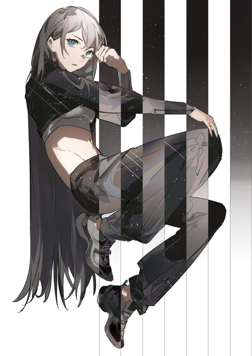 Safebooru - 1girl absurdres aonogura aqua eyes aqua lips black footwear black pants closed mouth ...