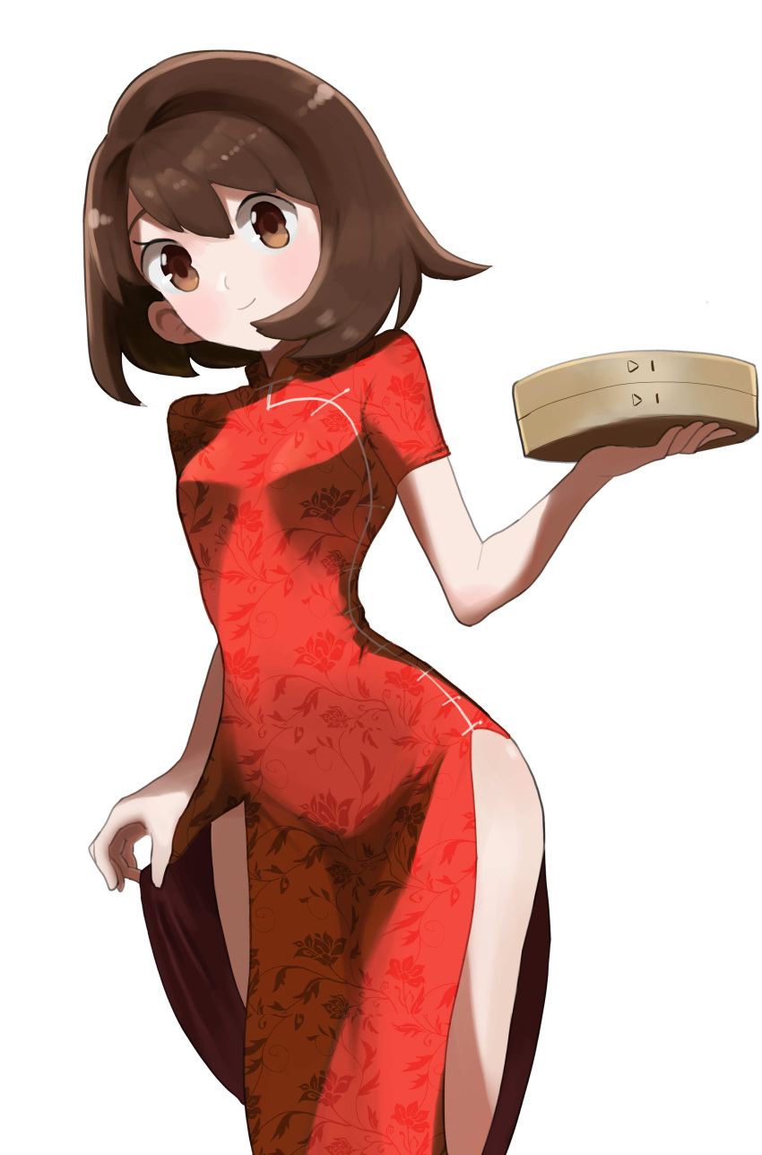 Safebooru - 1girl absurdres baeming bamboo steamer brown eyes brown hair china dress chinese ...