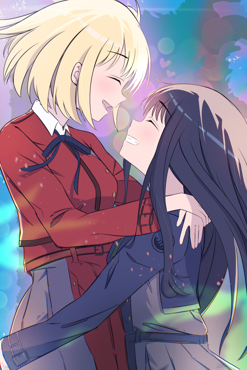 Safebooru - 2girls absurdres belt black hair blonde hair blue belt blue dress blue ribbon ...