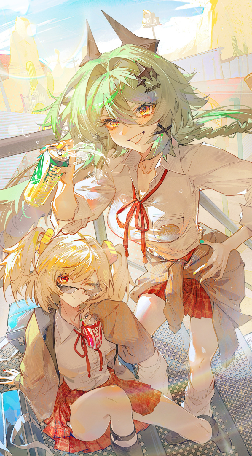 Safebooru - 2girls absurdres alternate costume aoma (xuanzexuexi) blonde hair blue sky brown ...