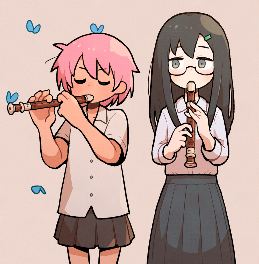 Safebooru - 2girls black-framed eyewear black skirt blue skirt brown hair bug butterfly ...