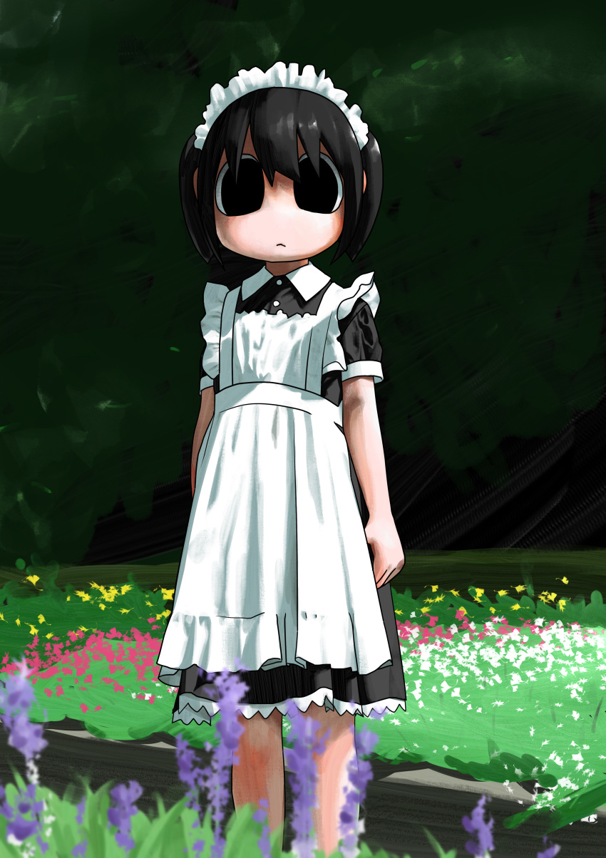 Safebooru - 1girl absurdres apron black dress black eyes black hair closed mouth dress explosion ...